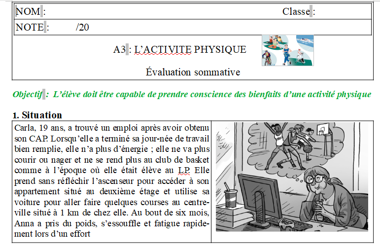 LES TIROIRS DE LA PSE : A3 L ACTIVITE PHYSIQUE EVALUATION