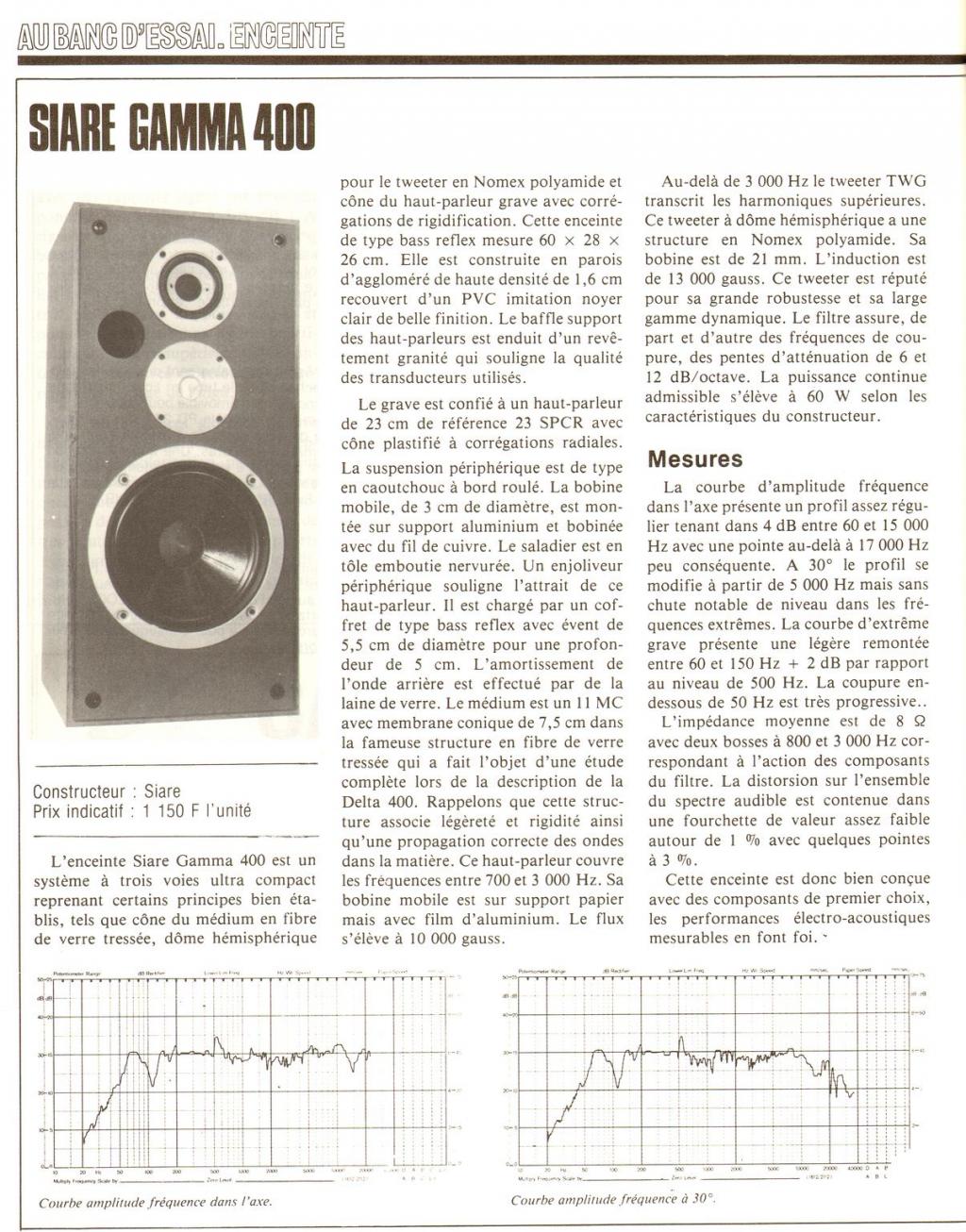 Forum Cabasse, Haute Fidélité, Multicanal et Home Cinéma : Banc d essai Siare Gamma 400 de Nov 1981