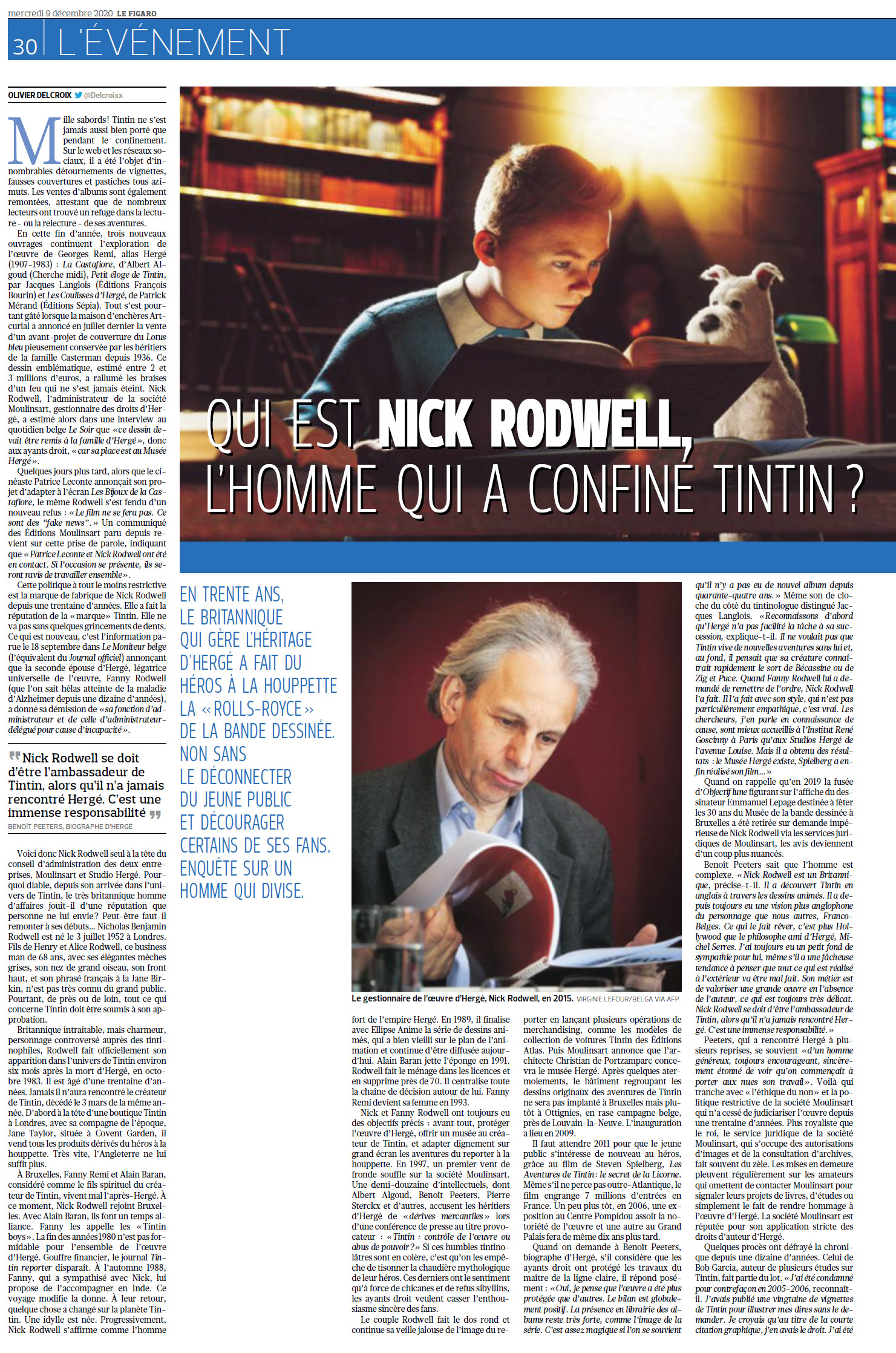 Les Aventures de Tintin : Long article sur Nick Rodwell dans Le Figaro.